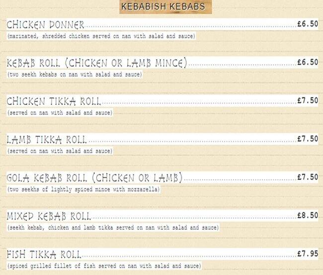Menu at Kebabish Grill restaurant, Glasgow