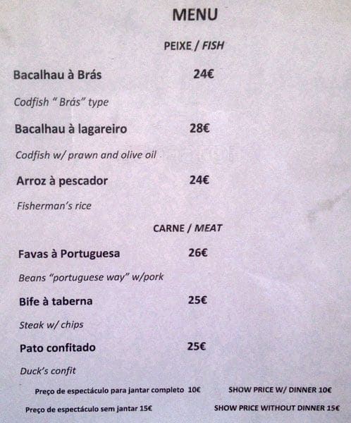 Menu em Fado pub & Bar, Lisboa