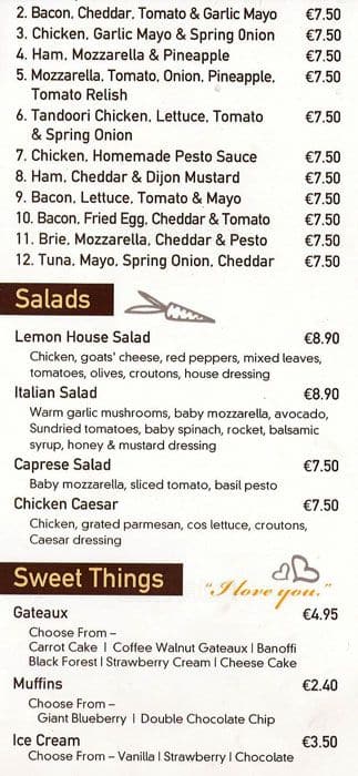 Menu at Lemon Jelly Cafe, Dublin