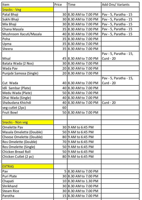 Menu of Satvik Foods, Panaji, Goa