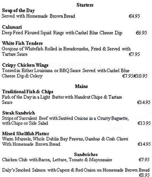 Menu at The Beachcomber pub & bar, Dublin