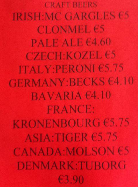 Menu at The Beachcomber pub & bar, Dublin