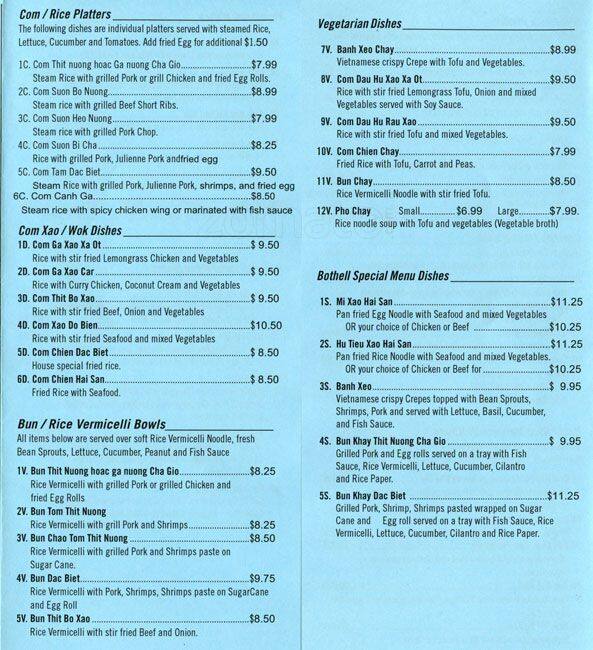 Menu at Phở Bothell restaurant, Bothell, Bothell Everett Hwy