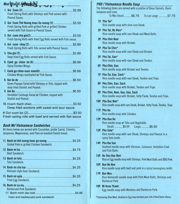 Menu at Phở Bothell restaurant, Bothell, Bothell Everett Hwy