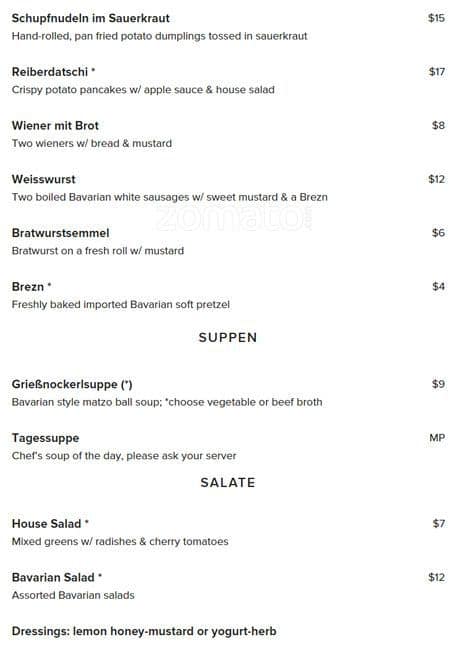Menu at Zum Schneider NYC pub & bar, New York City