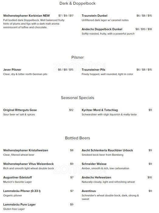 Menu at Zum Schneider NYC pub & bar, New York City
