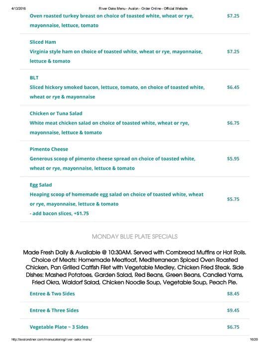 Menu at Avalon Diner cafe, Houston, Westheimer Rd