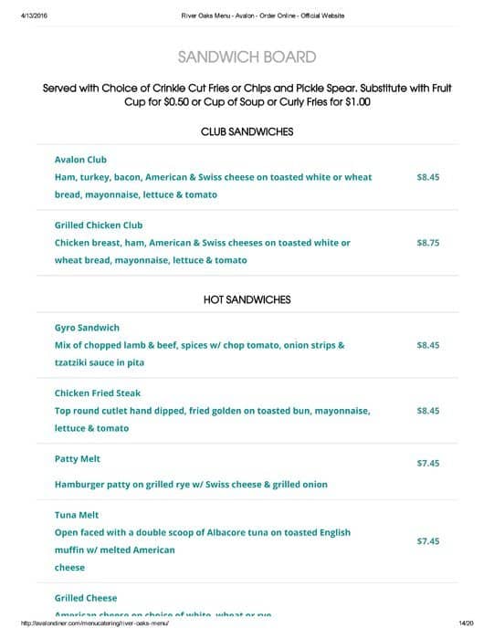 Menu at Avalon Diner cafe, Houston, Westheimer Rd