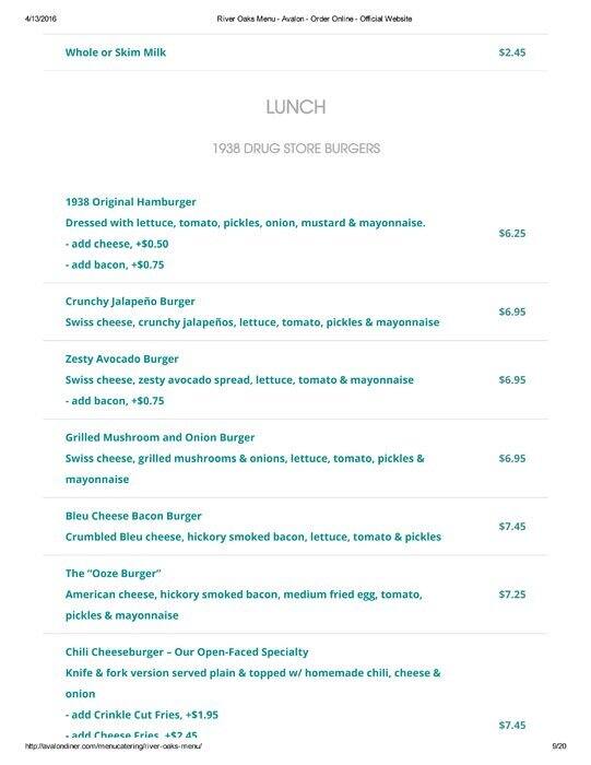 Menu at Avalon Diner cafe, Houston, Westheimer Rd