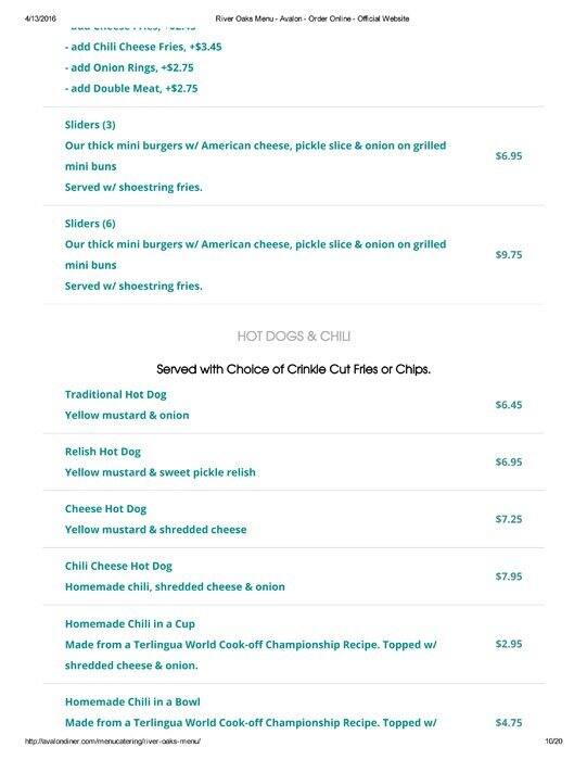 Menu at Avalon Diner cafe, Houston, Westheimer Rd