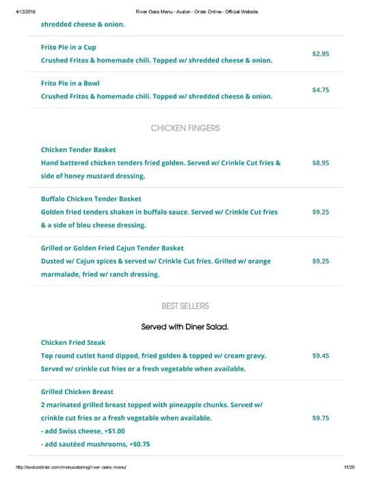 Menu at Avalon Diner cafe, Houston, Westheimer Rd