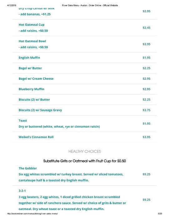 Menu at Avalon Diner cafe, Houston, Westheimer Rd