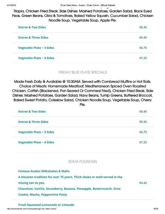 Menu at Avalon Diner cafe, Houston, Westheimer Rd