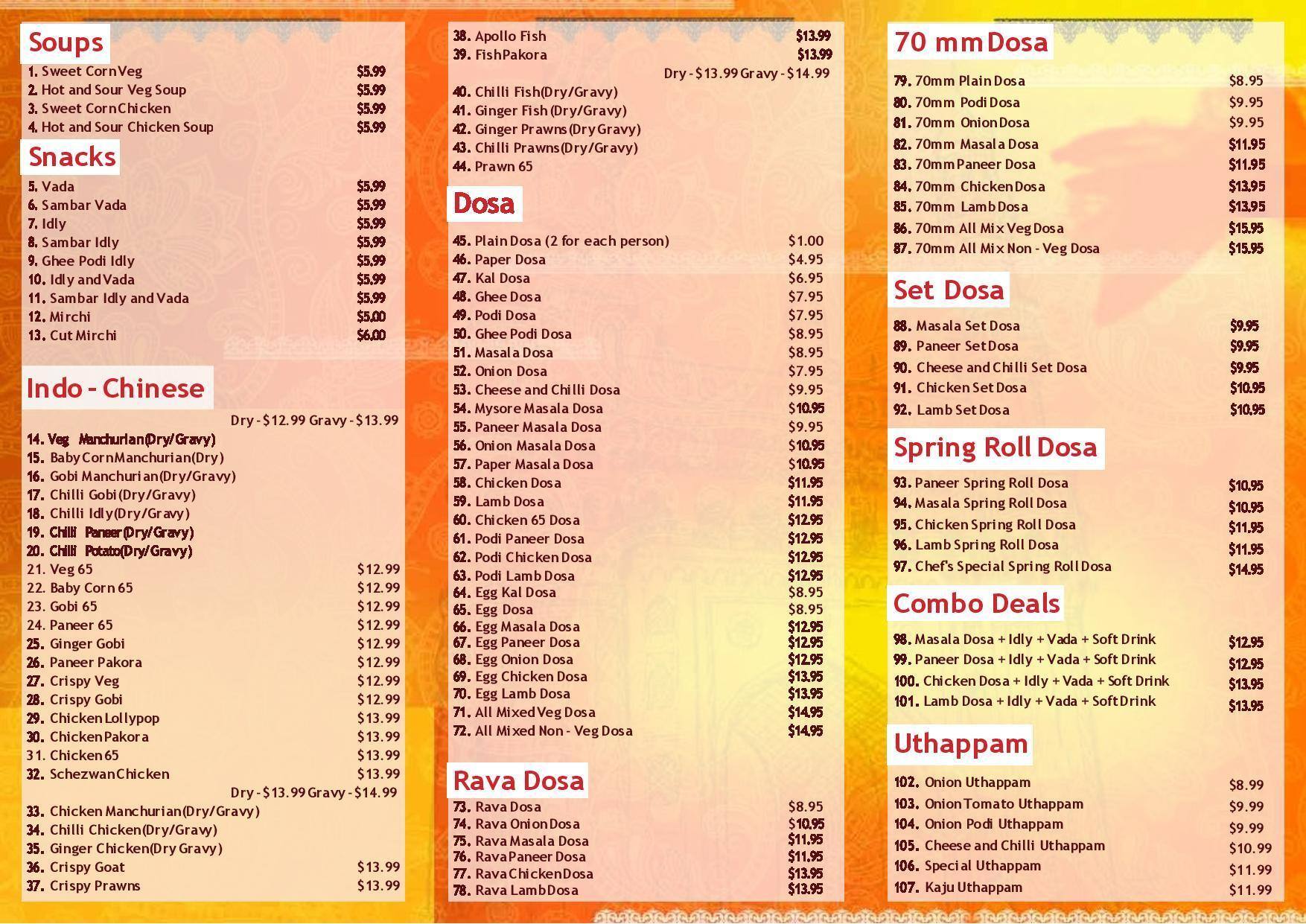 Menu at Amaravathi Indian Restaurant, Harris Park