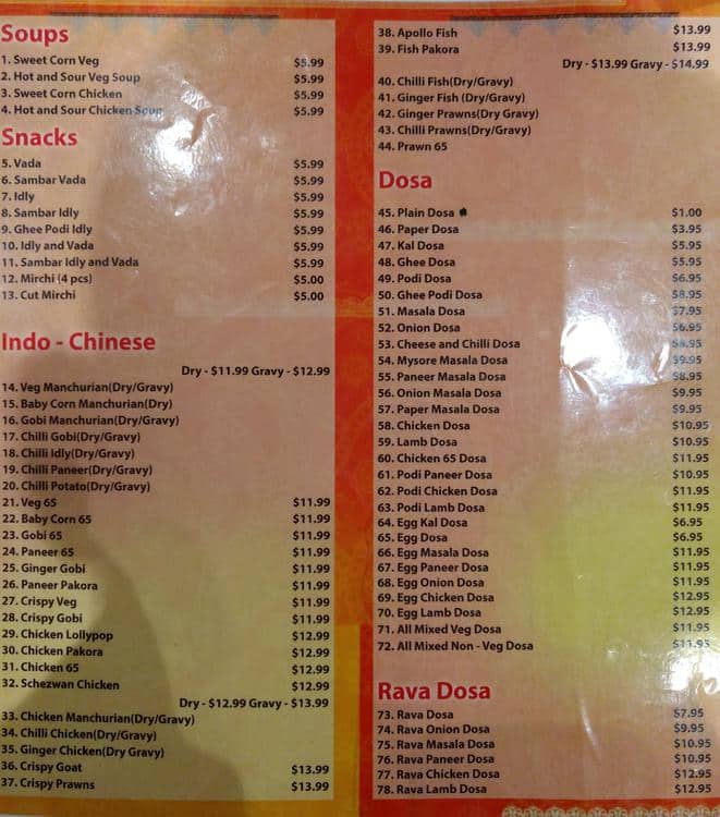 Menu at Amaravathi Indian Restaurant, Harris Park