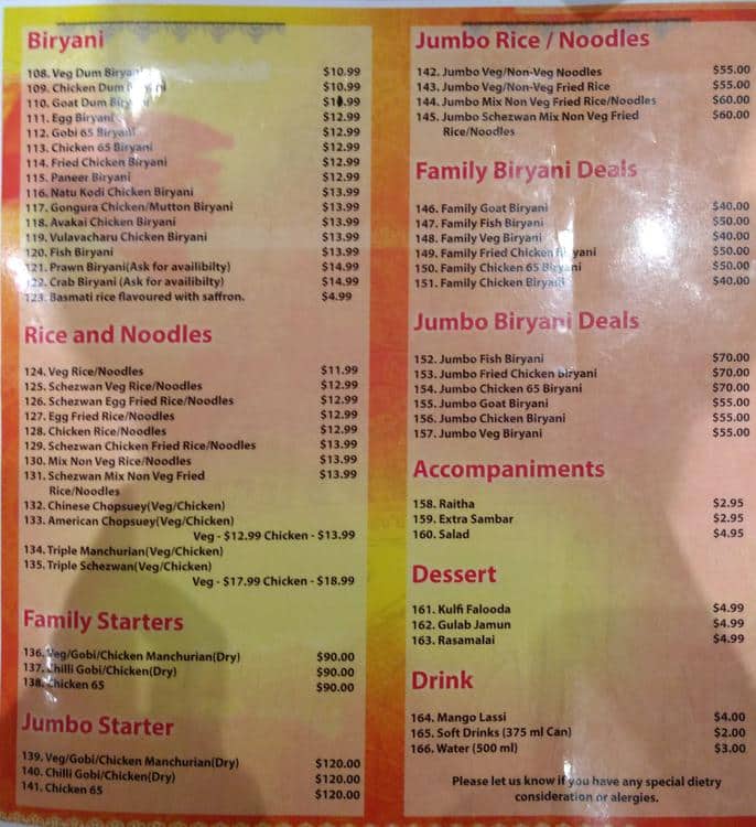 Menu at Amaravathi Indian Restaurant, Harris Park