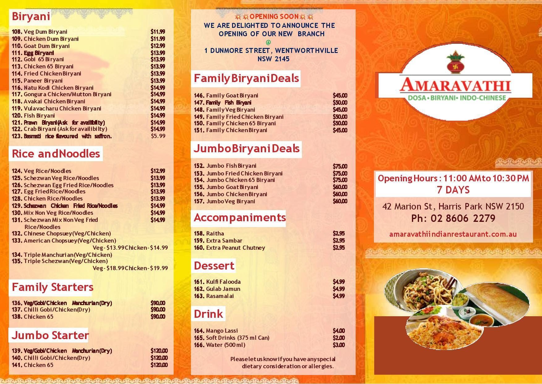 Menu at Amaravathi Indian Restaurant, Harris Park