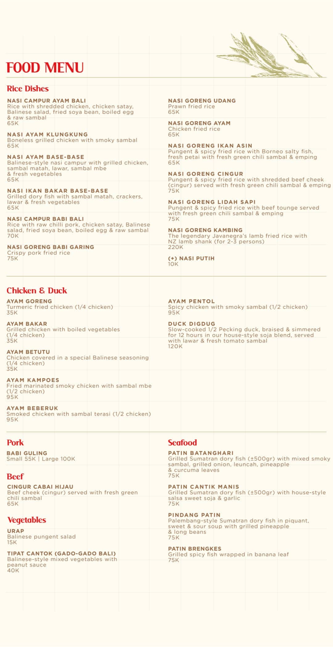 Menu at Base Base Samasta restaurant, Jimbaran