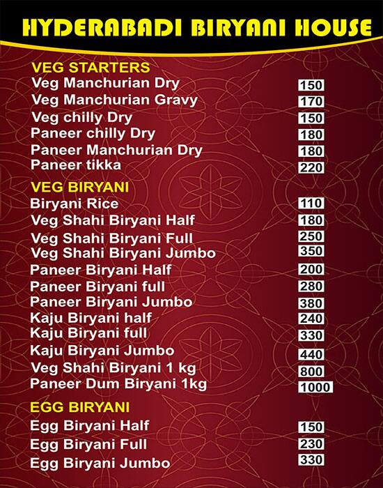 Menu of Hyderabadi Biryani House, Karve Nagar, Pune
