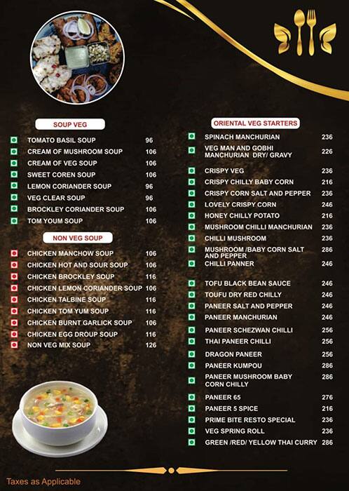 Menu of Prime Bite Resto, Fraser Road Area, Patna