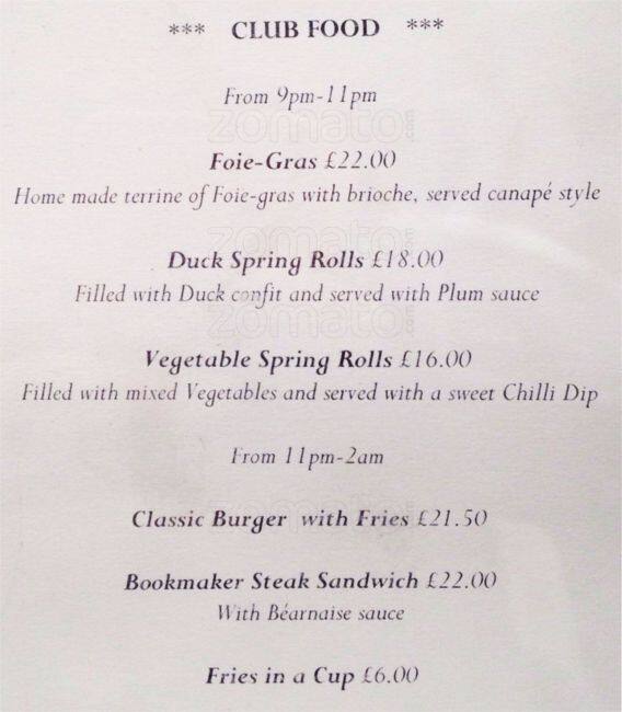 Menu at No.41 club, London, Kensington Close Hotel