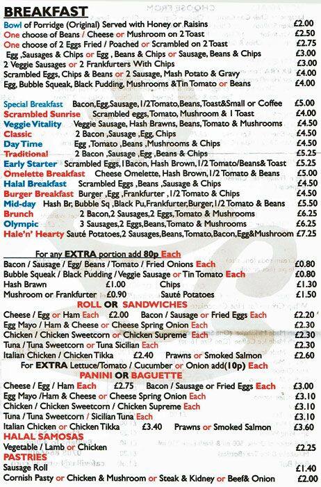 Menu at 222 Cafe, Harrow