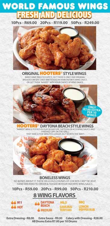 Menu at Hooters restaurant, Umhlanga, 2 Lagoon Dr
