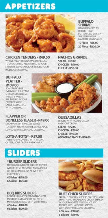 Menu at Hooters restaurant, Umhlanga, 2 Lagoon Dr