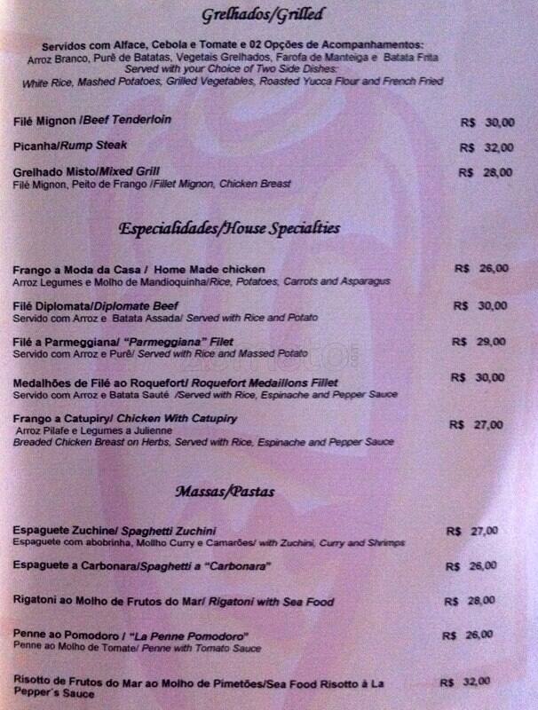 Menu at Marina, Salvador, Hotel Sol Bahia Atlântico