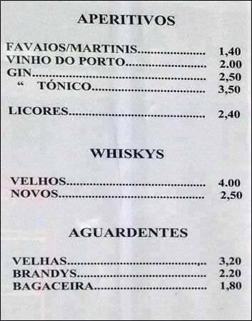 Menu at Canal 90 pub & bar, Lisbon