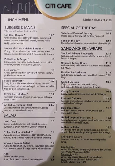 Menu at Citi Cafe, Sydney, 275 Pitt St