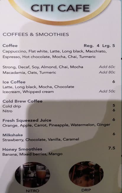 Menu at Citi Cafe, Sydney, 275 Pitt St