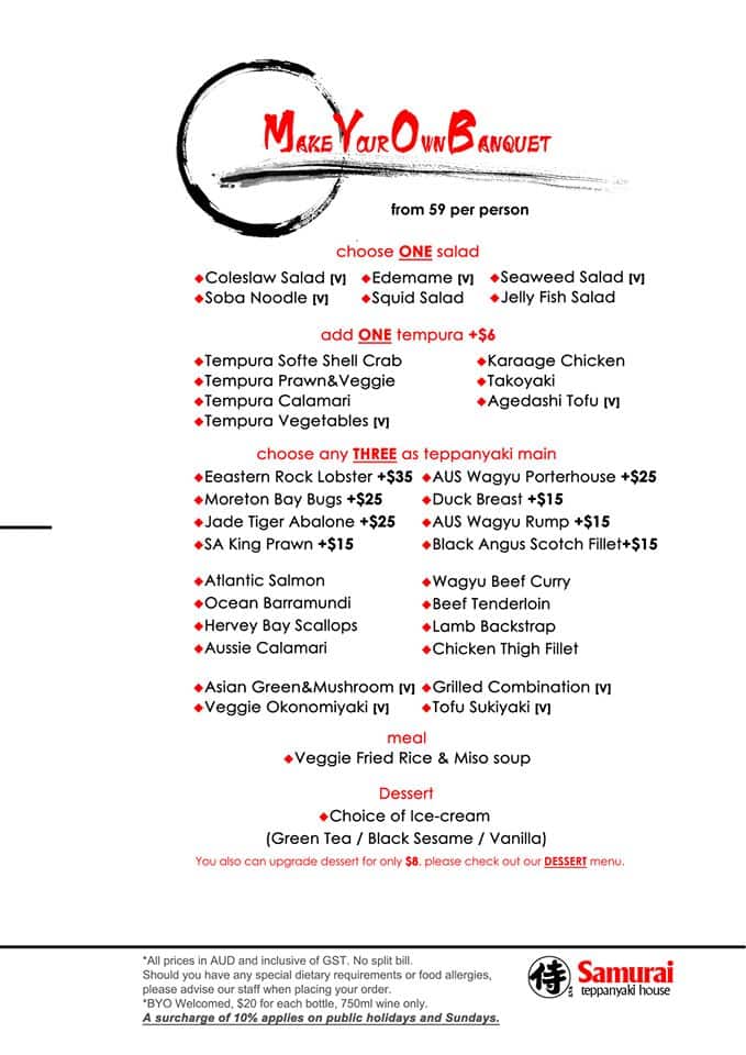 Menu at Samurai Teppanyaki restaurant, Norwood