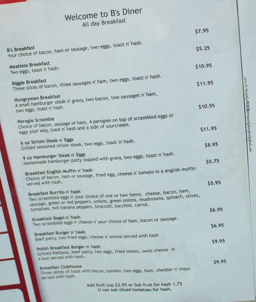 Menu at B's Diner restaurant, Edmonton, 82 Ave NW