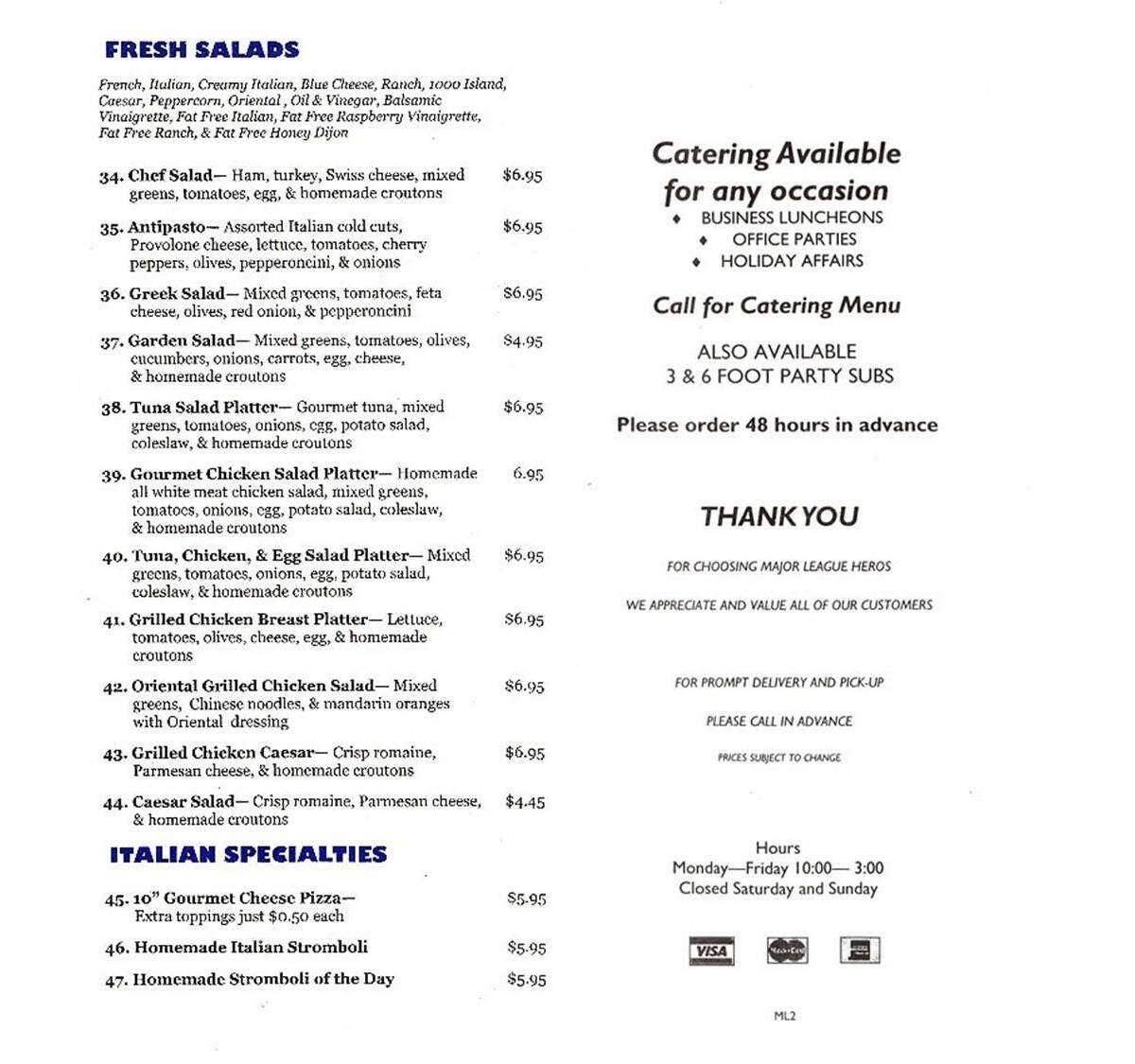 Menu at Major League Heros restaurant, Fort Lauderdale