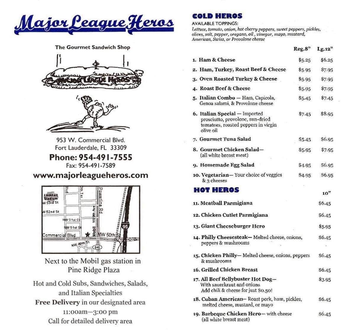 Menu at Major League Heros restaurant, Fort Lauderdale