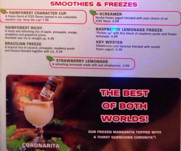 Menu at Rainforest Cafe, Grapevine