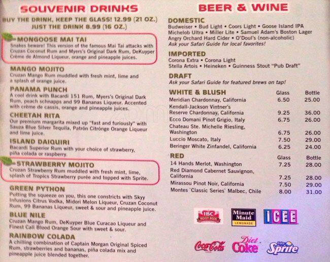 Menu at Rainforest Cafe, Grapevine