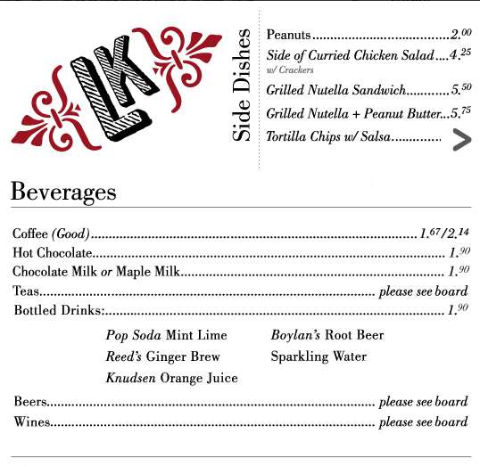 Lady Killigrew Menu, Menu for Lady Killigrew, Greenfield, Greenfield ...