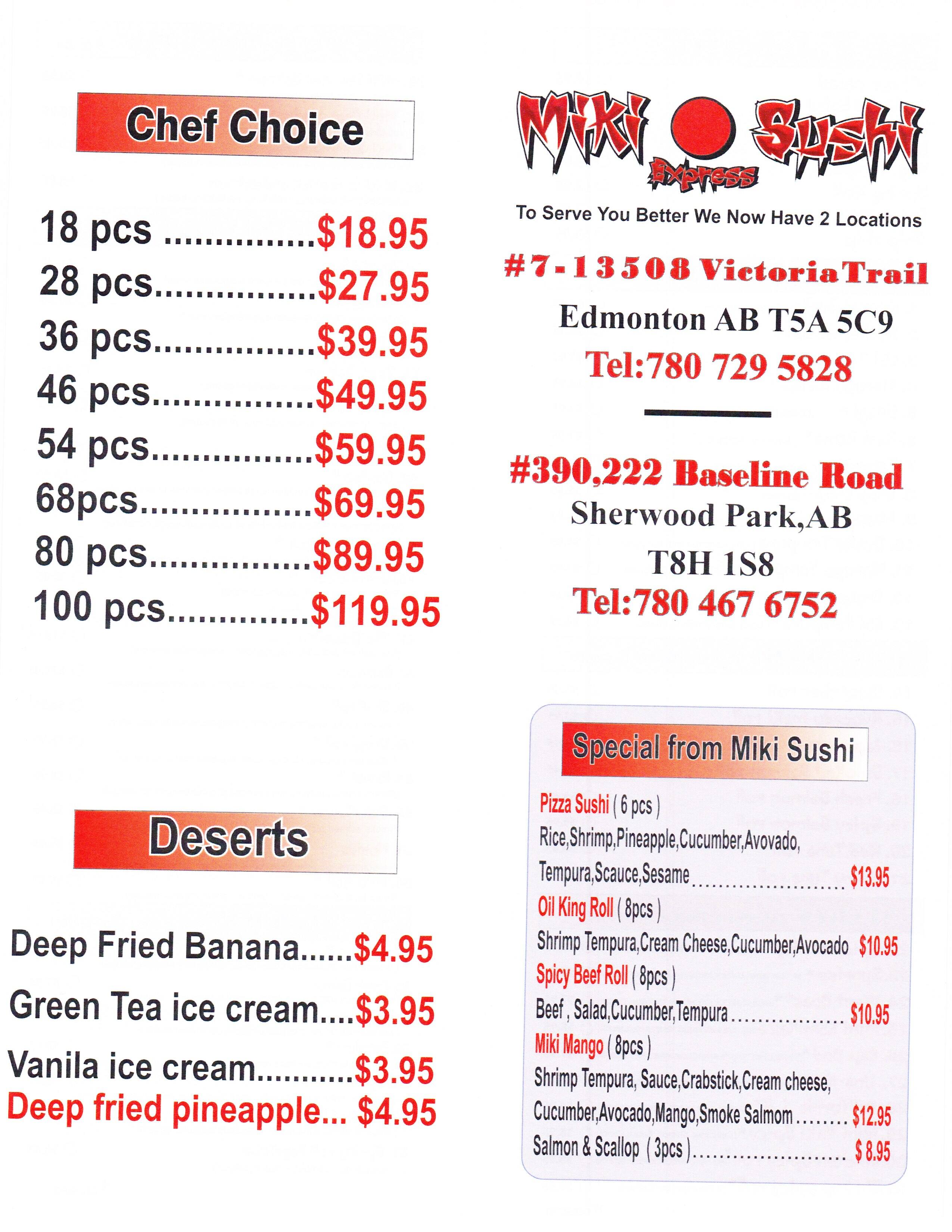 Carta del restaurante Miki Sushi Express, Sherwood Park, 222 Baseline ...