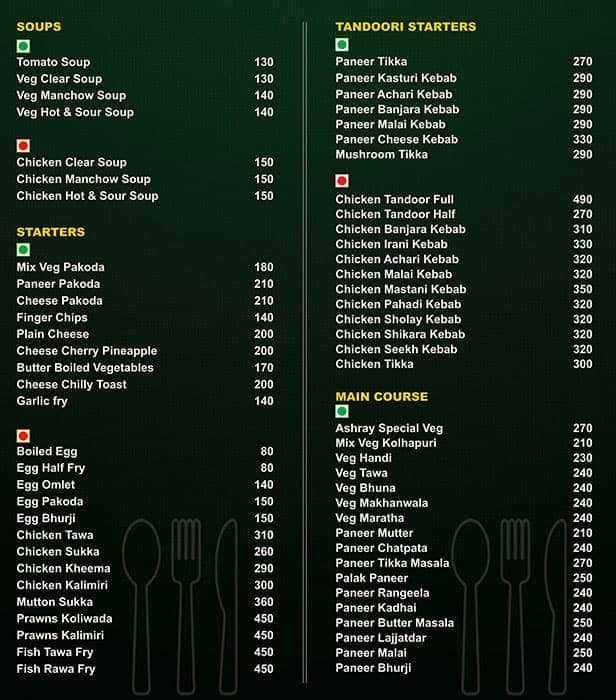 Menu of Hotel Ashray, Parvati, Pune