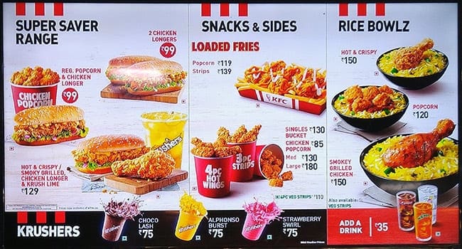 Menu at KFC, Jammu, NH1A Sarore