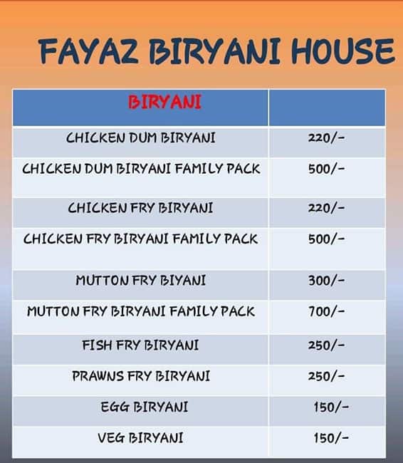 Menu of Fayaz Biryani House, Islampet, Vijayawada