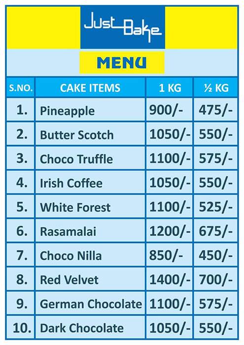 Menu of Just Bake, Vanasthalipuram, Hyderabad