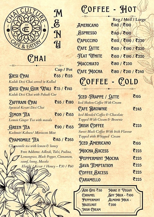Menu of Chai Culture Cafe, Vile Parle West, Mumbai