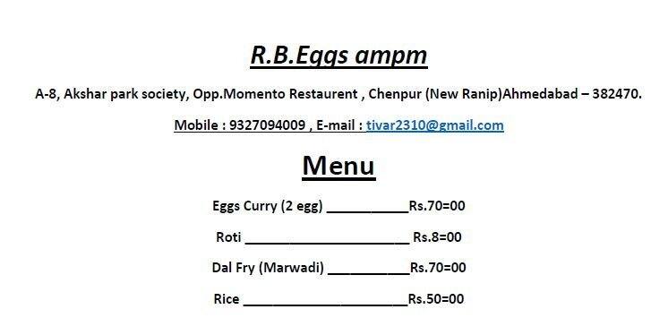 Menu of RB Eggs Ampm, Ranip, Ahmedabad