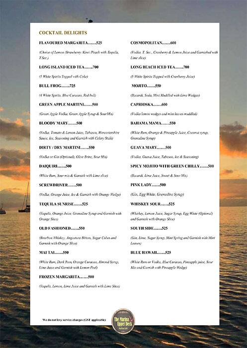 Menu at The Marina Upper Deck - Rooftop Cafe - Sea Palace Hotel, Mumbai