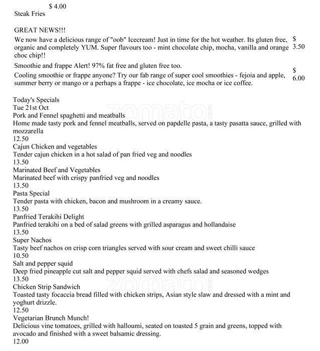 Menu at Rebar, Auckland