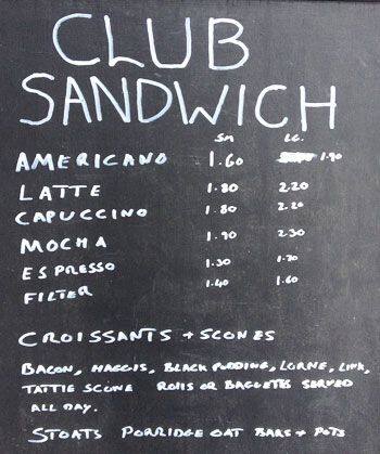 Menu at Club Sandwich, Edinburgh