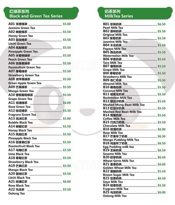 Menu at Mr. Panda cafe, Hamilton